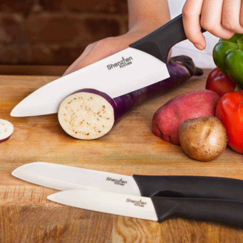 Shenzhen Knives - White Ceramic Knife Set - 3-Piece Kitchen Knives AND Large In-Drawer Bamboo Knife Block: 11 Slot (2 Pack Bundle)