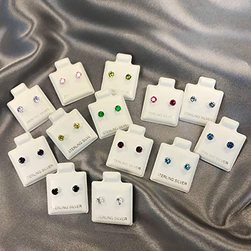 4mm Round Cubic Zirconia Birthstone Post Back 925 Sterling Silver Stud Earrings for Women Set for 13 Colors