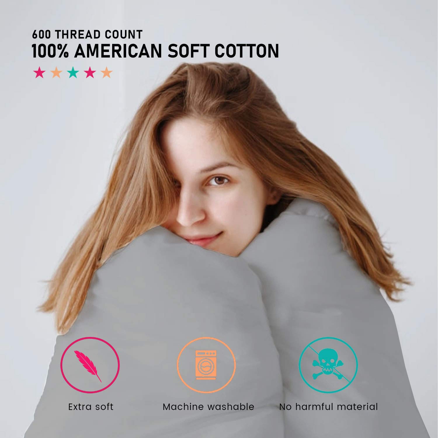 California Cotton Club 600 Thread Soft 1 Piece Duvet and 2 Piece Pillowcases Set - Breathable Pure Cotton Silky Satin Comforter Duvet Set with Button Closure for Luxury Bedding (Light Grey, Queen)