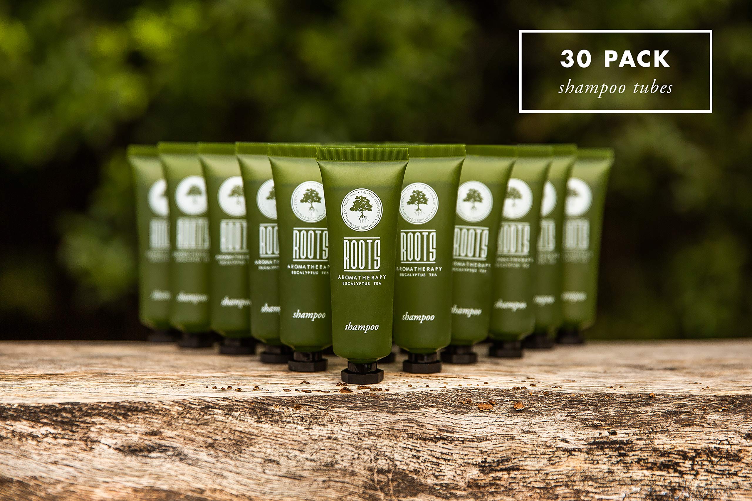 ROOTS AROMATHERAPY Shampoo 1floz/30mL Travel Size Hotel Bulk Pack (Eucalyptus Tea fragrance) Toiletries for Bathroom, Guests, Hotels, Motels, and Lodging (30 pack)
