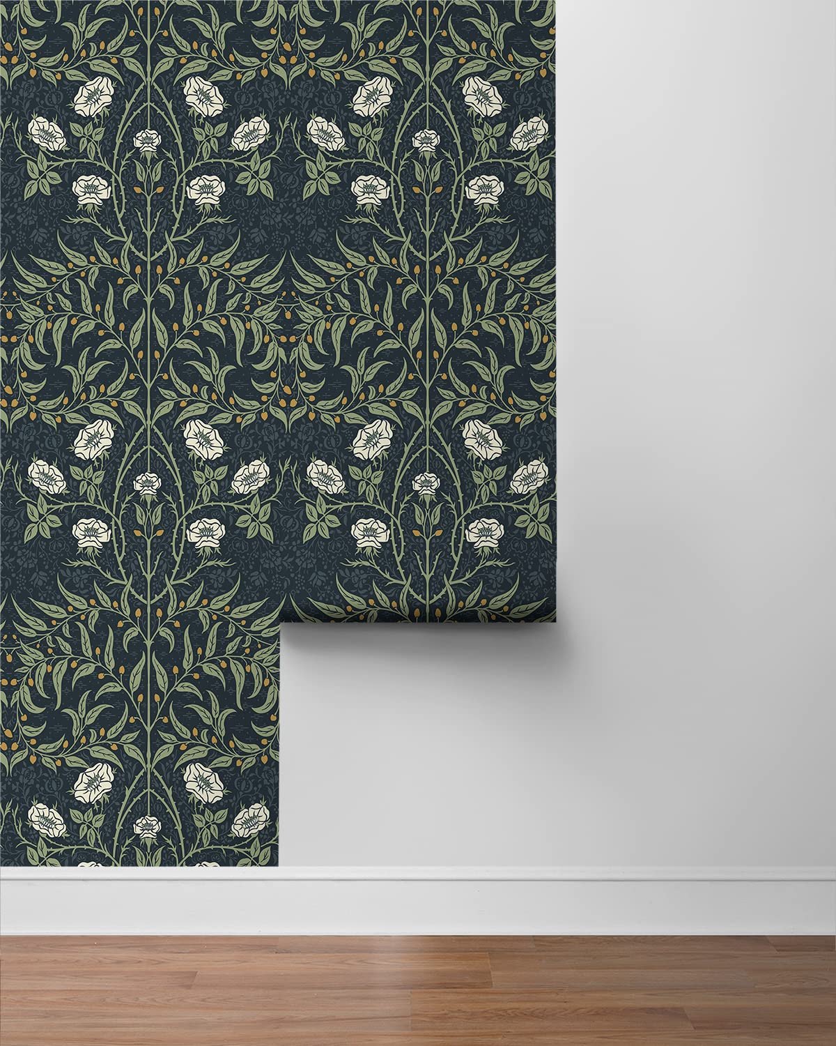 NextWall Stenciled Floral Peel and Stick Wallpaper (Navy & Sage)