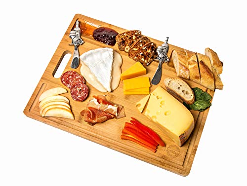 Large Organic Bamboo Cutting Board - Wooden Charcuterie Cheese Serving Platter For Kitchen - With Deep Drip Edge & Garnish Bowls - Boards Are BPA Free,16x12β - Unique Housewarming Gift Idea - Good&Co.