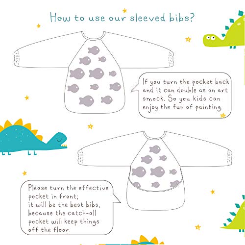 Hi Sprout Infant Toddler Baby Waterproof Sleeved Bib, Bib with Sleeves&Pocket, 6-24 Months (Dinosaurs)