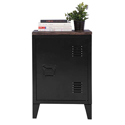 FurnitureR Metal Locker Storage Nightstand for Boy Teens Bedroom with Wood Top/Door 2 Tier Shelves Removable