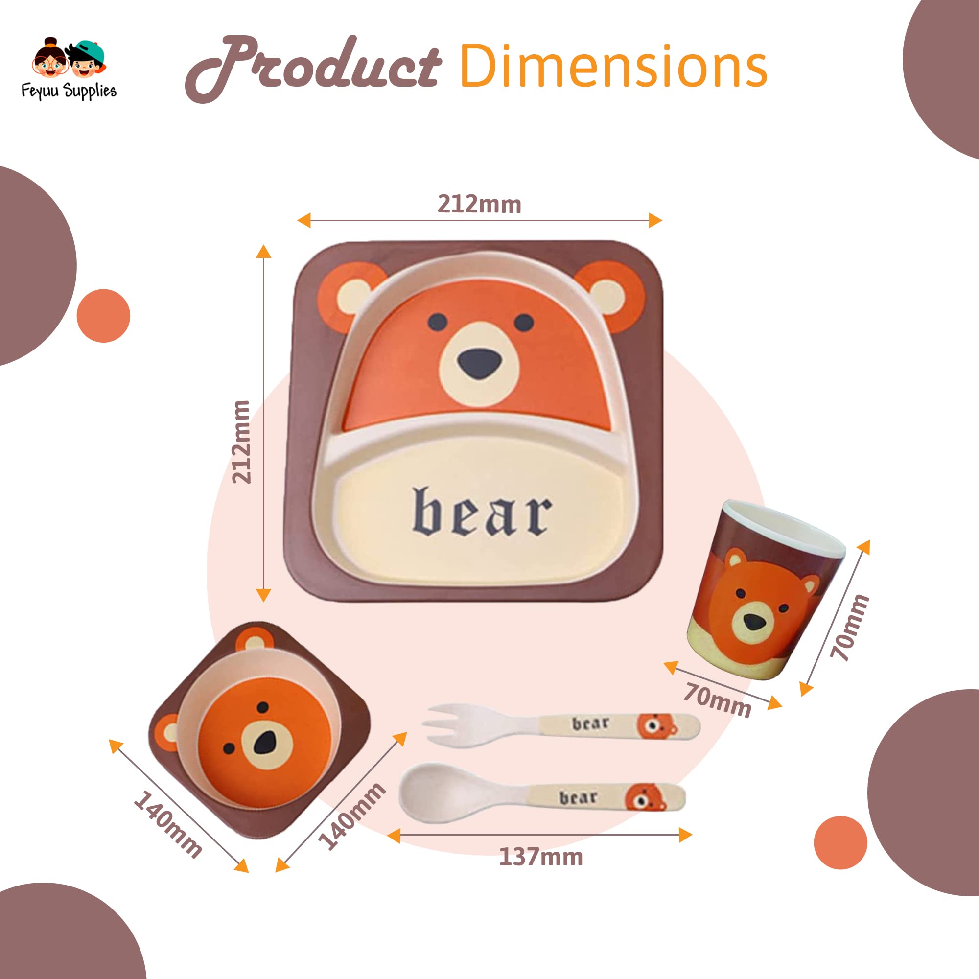 5 Piece Eco-Friendly Mealtime Bamboo Dinnerware for Kids, Toddler, Plate and Bowl Set, Spill Proof Divided Plate Eco Friendly and Dishwasher Safe (Bear)