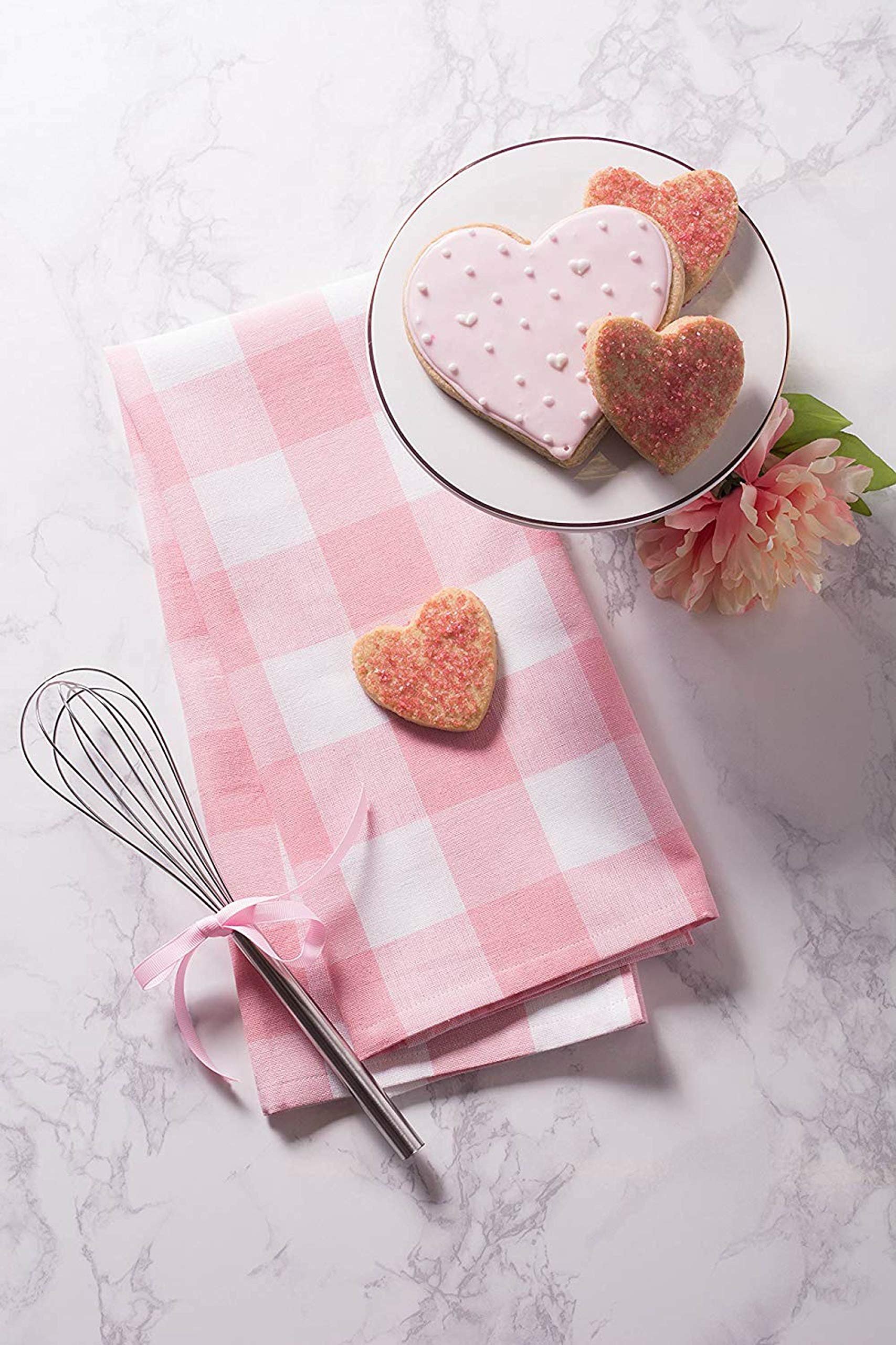 DII Buffalo Check Kitchen Collection, Classic Farmhouse Dishtowel Set, 20x30, Pink &White, 3 Piece