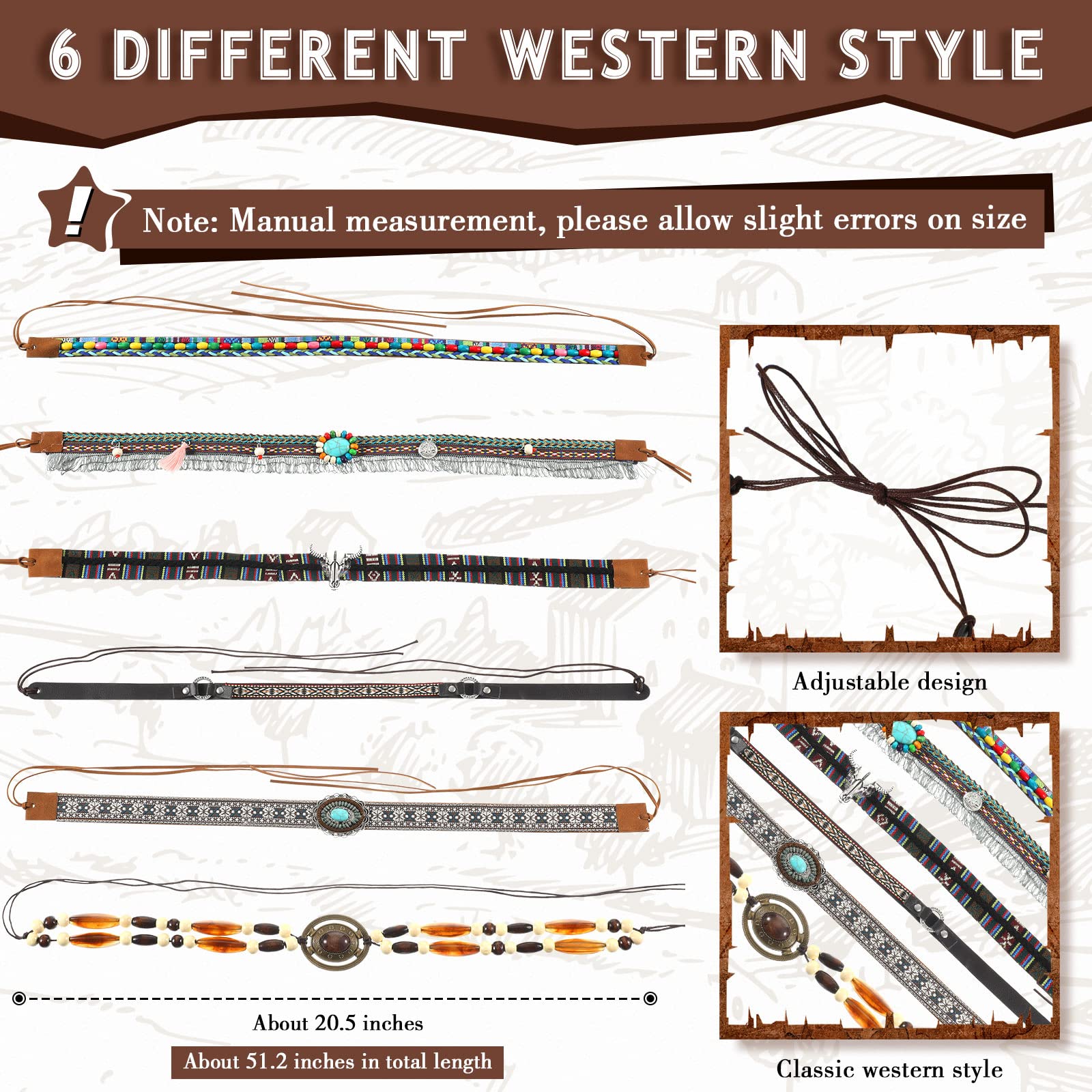 6 Pcs Cowboy Hat Bands for Women Western Turquoise Handmade Adjustable Beaded HatBands for Men Cowboy Panama Hat Mexican (Rustic Style)