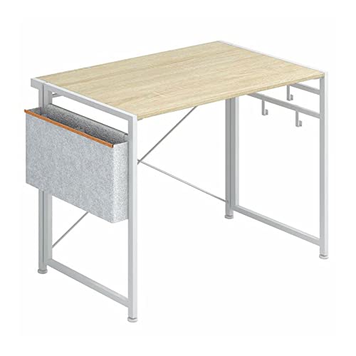 4NM 35.4" Wide Foldable Modern Writing Desk with Fabric Storage Side Catty for Papers and Storage 4 Hooks for Bedroom or Office, White