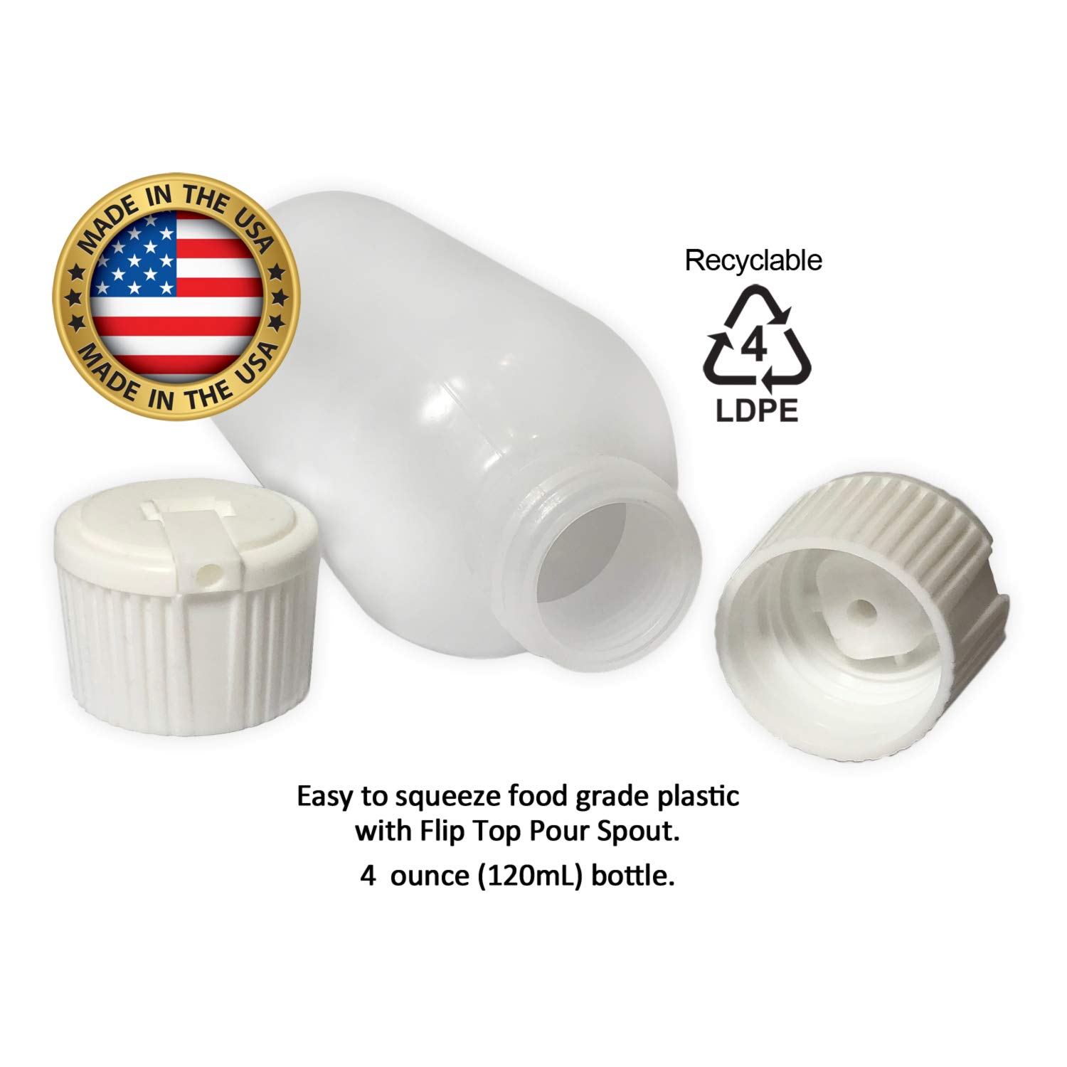 510 Central Boston Round Flip Top Pour Spout Cap 120mL (4oz, 6 Pack) LDPE Plastic Bottle Made In USA