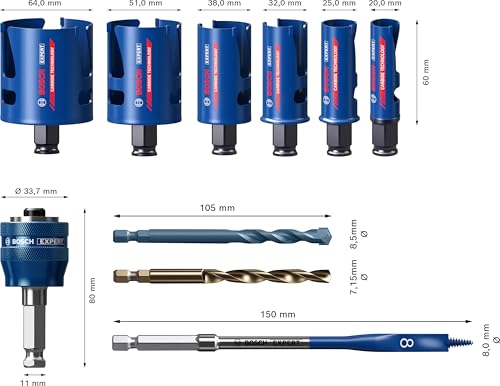 Bosch Professional 9x Expert Construction Material Hole Saw Set (Ø 20-64 mm, Accessories Rotary Impact Drill)