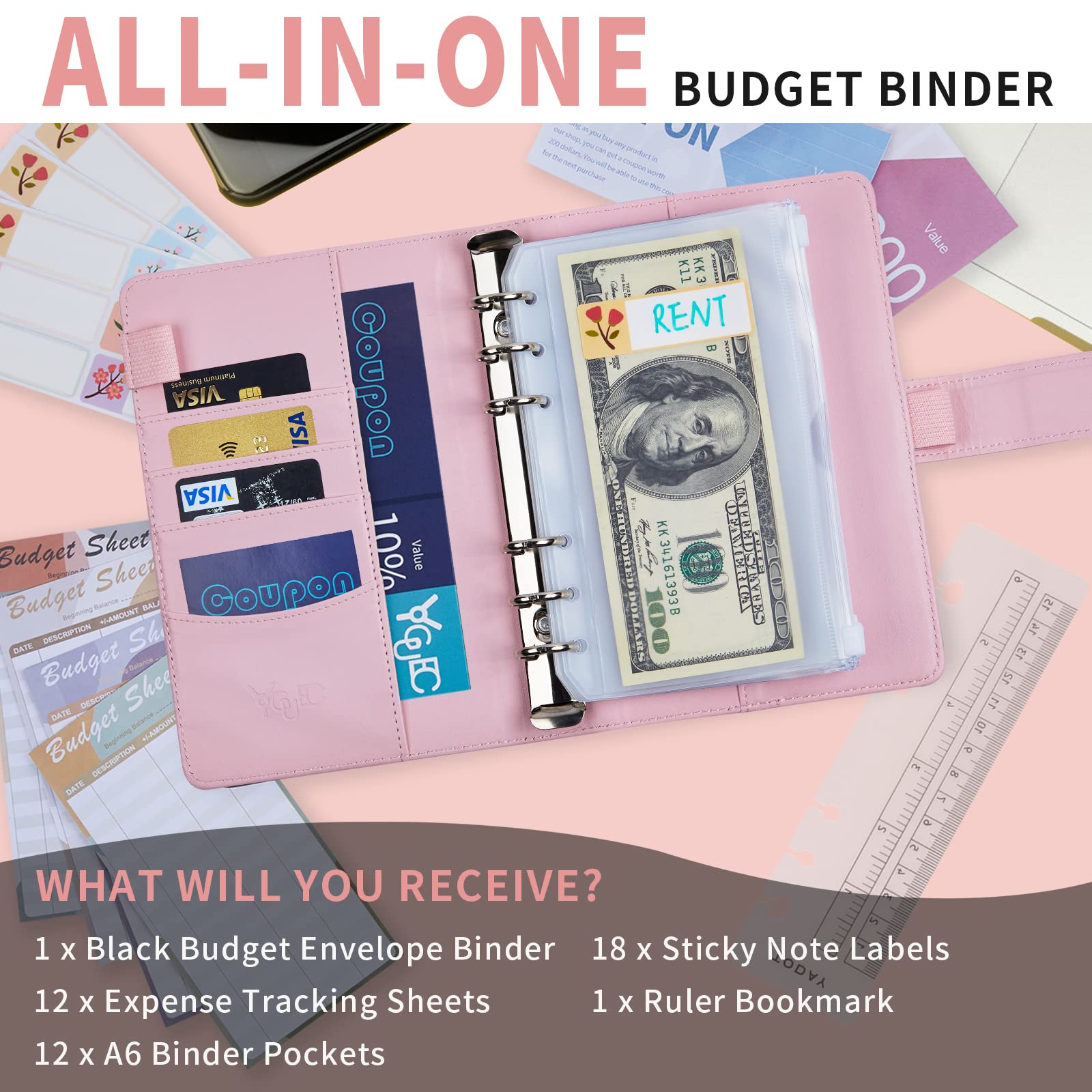 A6 Cash Envelope System Binder - Budgeting Binder Planner w/ 12Pcs Lose Leaf Zipper Pocket & Expense Tracker & Writable Lables, Pink Cash Envelope Budget Wallet Organizer for Money Receipt Coupon