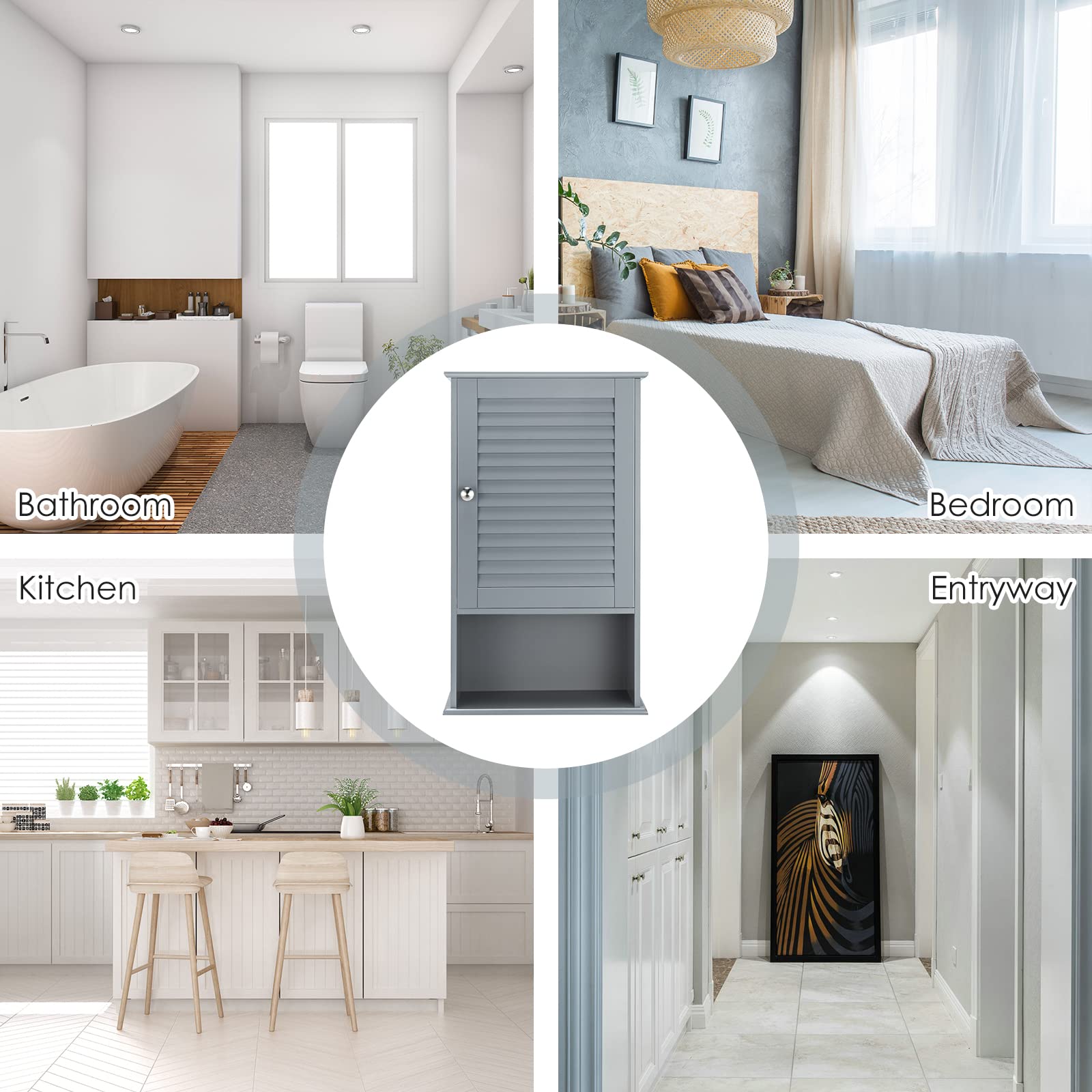 Tangkula Medicine Cabinet, Wall Mounted Bathroom Cabinet Single Door Wooden Bathroom Wall Cabinet with Adjustable Shelf (Grey)