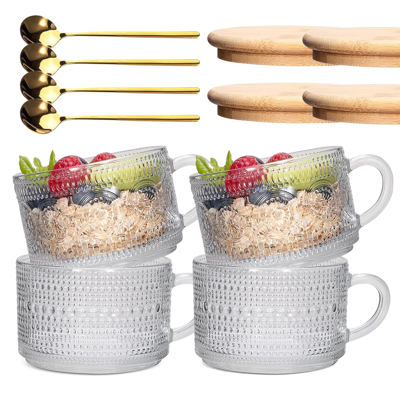 Bupto 4pcs Set Vintage Coffee Mug, Clear Patterned Glass With Handle, Bamboo Lid and Spoon -14 oz. Ideal for Latte, Milk, Overnight Oatmeal Yogurt Glass Teacups, Glassware Gifts(4 set)