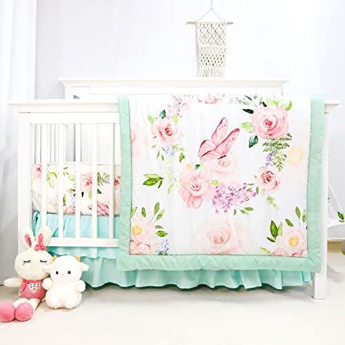 CARUILI 4-Piece Crib Bedding Set, Baby Girl Crib Bedding Set Butterflies Floral Nursery Bedding Set Includes Comforter, Fitted Crib Sheet, Crib Skirt, and Diaper Stacker, Green & Pink