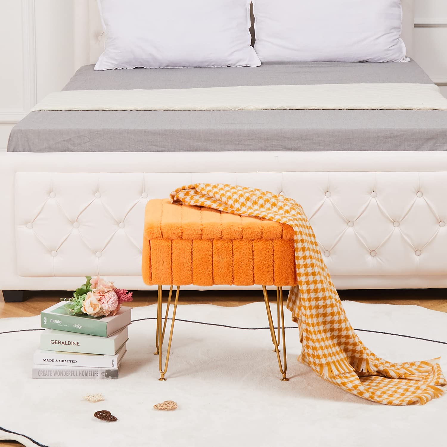 Wimarsbon Faux Mink Fur Storage Ottoman, Modern Soft Footstool, Storage Bench with Metal Legs, Vanity Seat, Fur Stool, Ottoman Coffee Table, Makeup Chair, Vanity Stools for Bedroom (Orange)