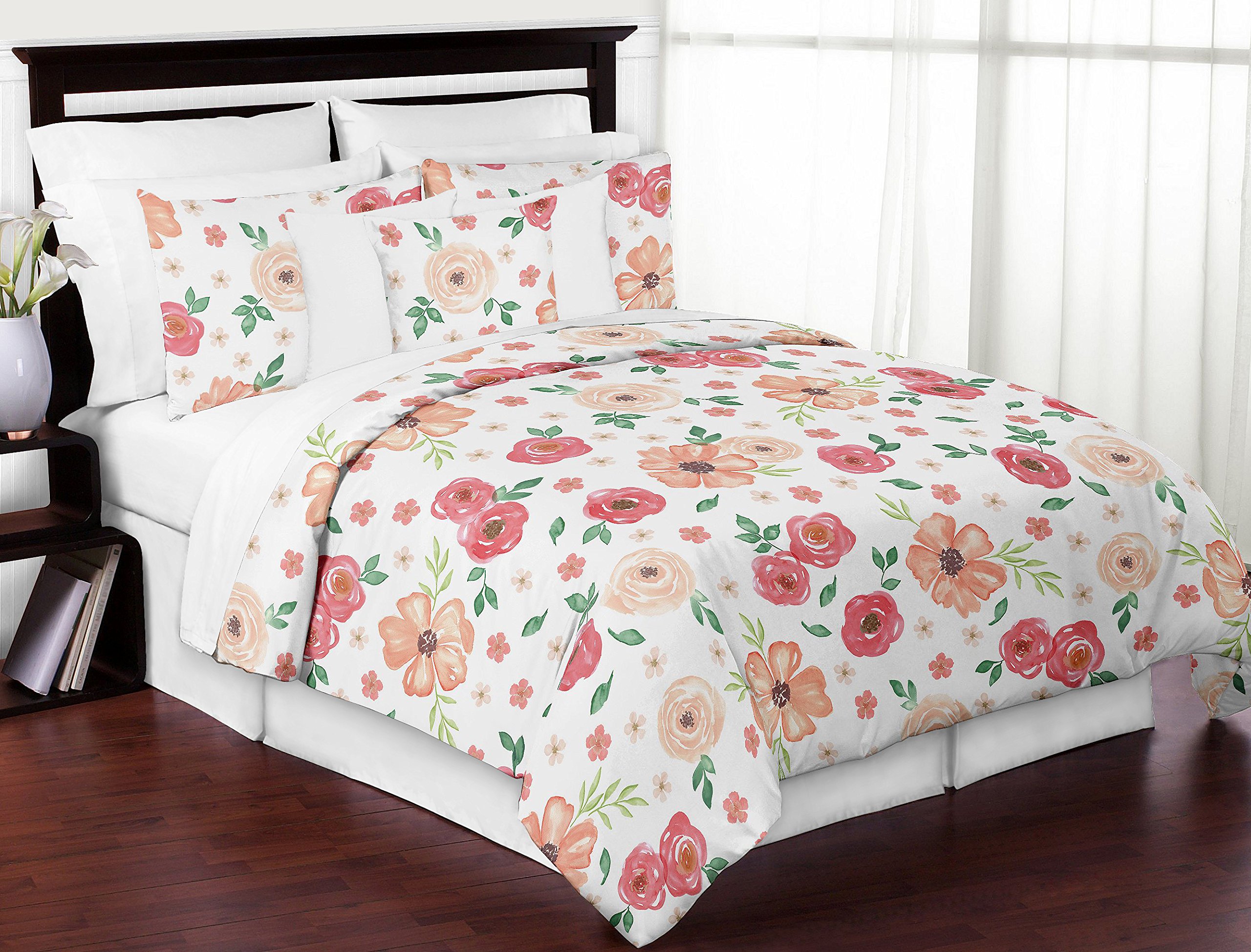 Sweet Jojo Designs Peach, Green and White Wall Decal Stickers for Peach Watercolor Floral Collection - Set of 4 Sheets - Pink Rose Flower