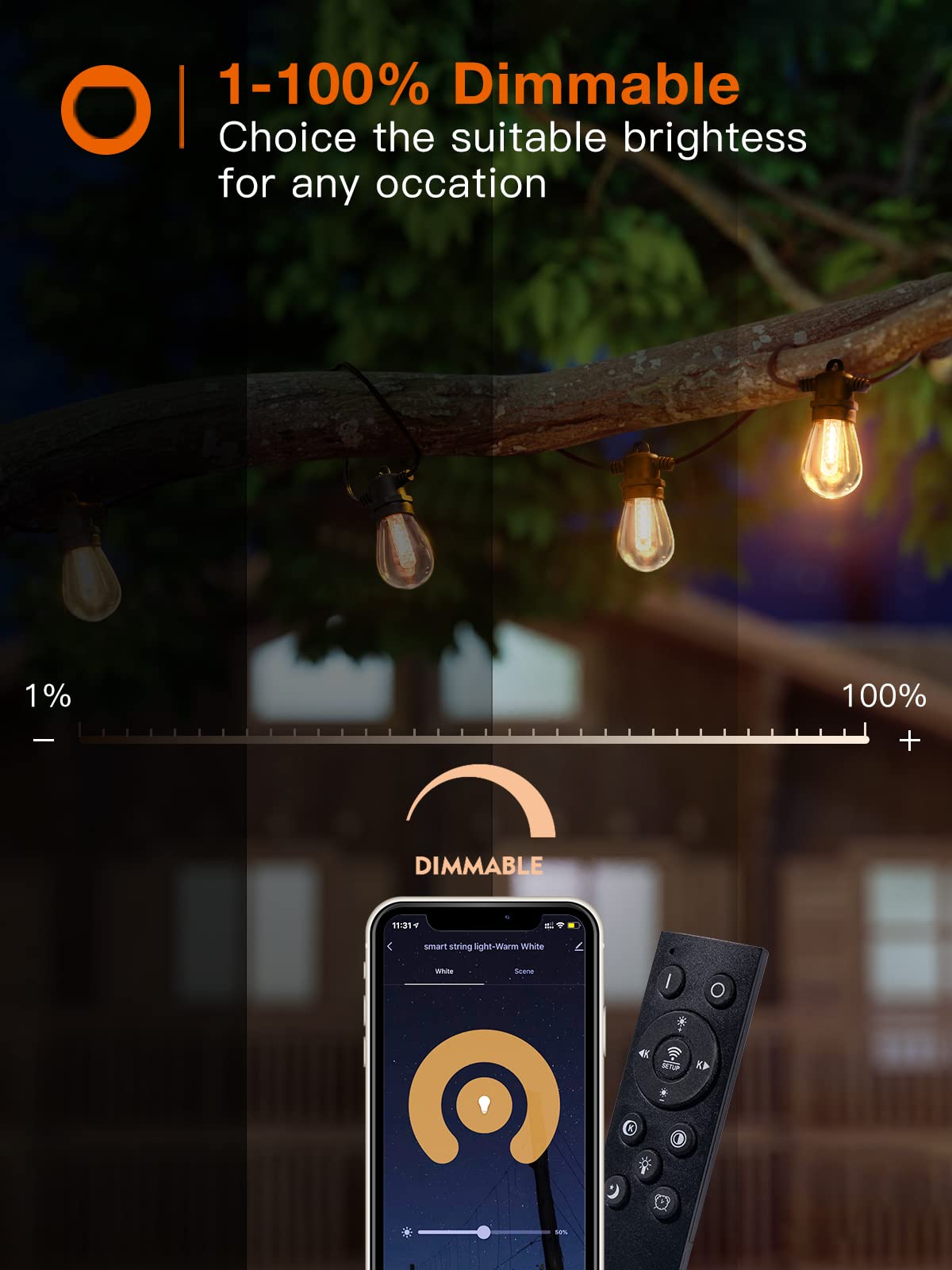 addlon 96FT Smart Outdoor String Lights with Remote, Dimmable Patio Lights with 30 LED Edison Waterproof Bulbs, String Lights for Outside Works with APP, Music Sync Outdoor Lights for Gazebo Backyard
