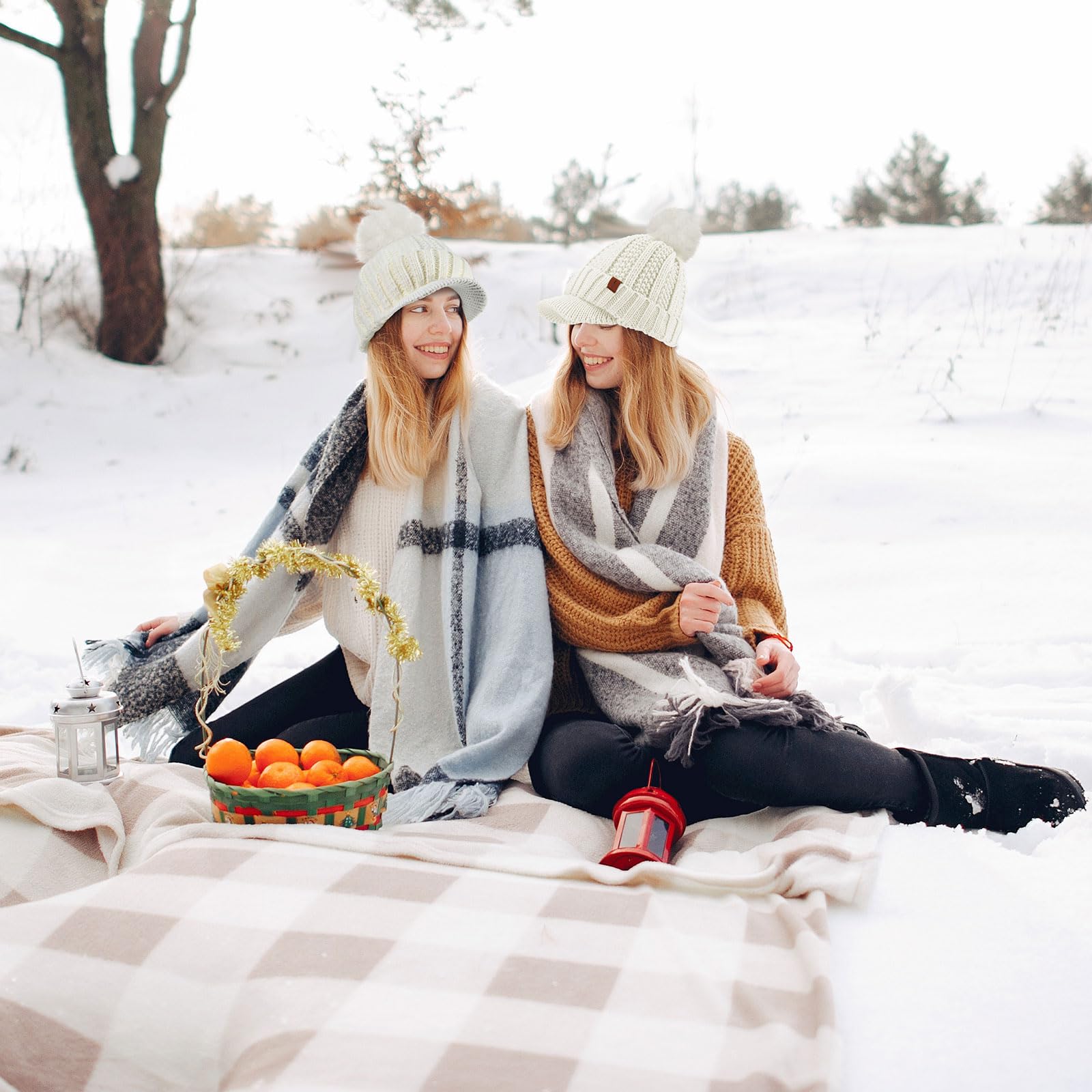 5 Pieces Women Ski Outing Set, Knit Winter Hat Scarf Gloves Earmuffs Stockings (Milk White, Simple Style)