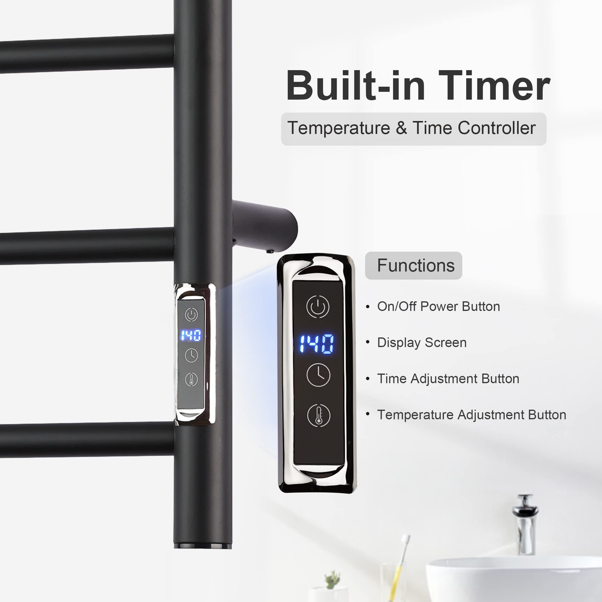 SHARNDY Towel Warmer with Built-in Timer ETW29 for Bathroom Wall Mounted Bath Towel Heater Plug-in Electric Heated Towel Rack Black