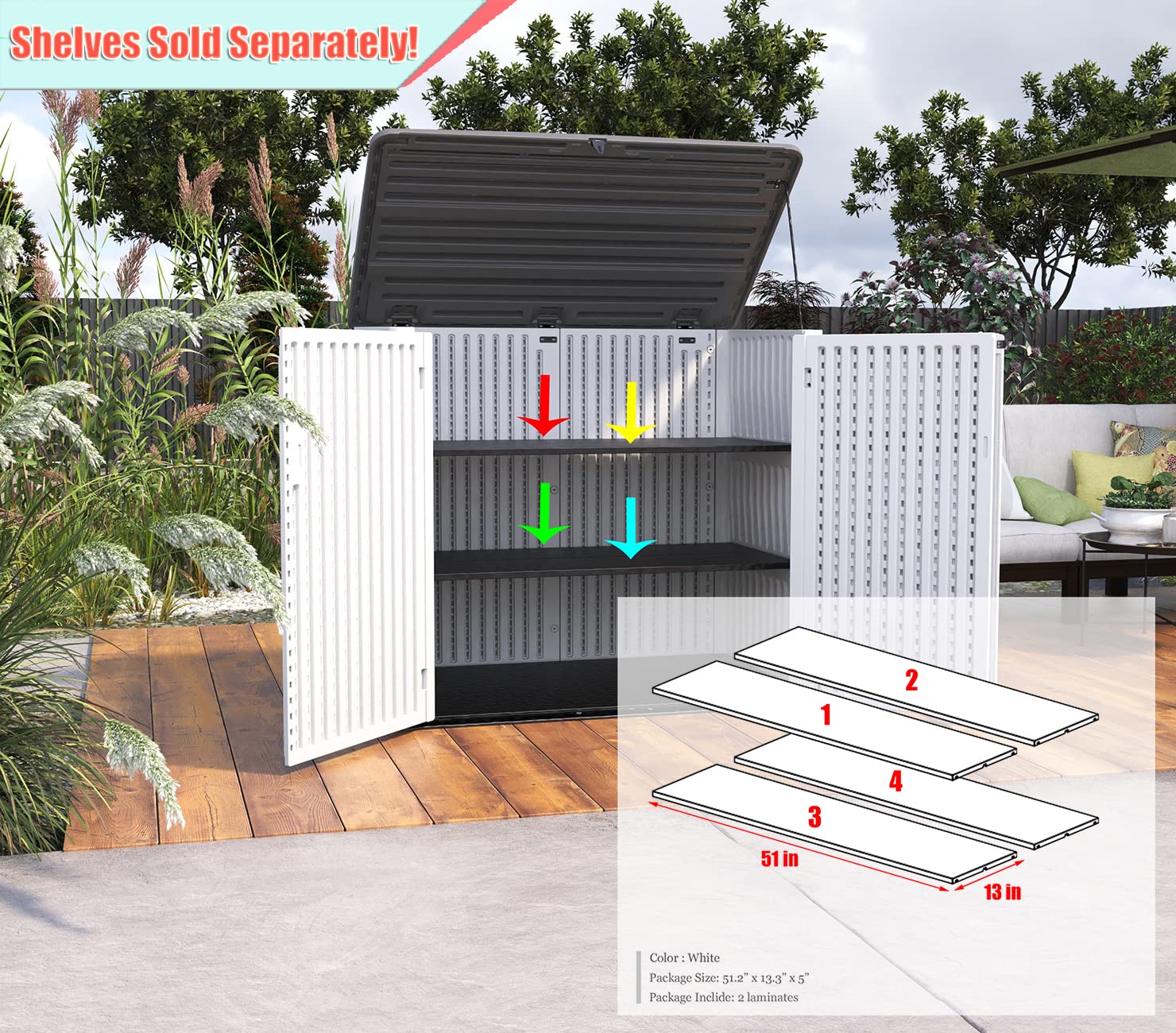 ADDOK 2SG Larger Horizontal Storage Shed Wood-Like, 4.4 x 2.8 ft Outdoor Storage Cabinet Lockable, Thick Resin Storage Unit for Trash Cans, Yard Tools（Large Begie White/37 Cu. ft