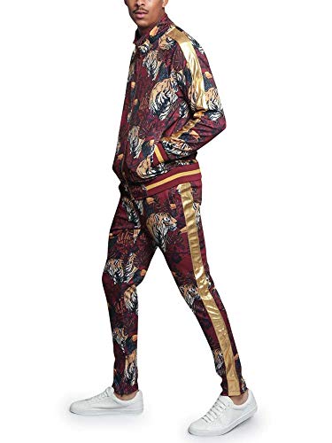 G-Style USA Men's Royal Floral Tiger Track Suit ST559 - Burgundy - 2X-Large