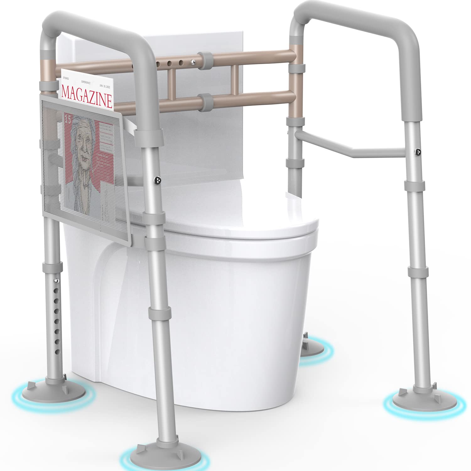 Agrish Stand Alone Toilet Safety Rail - Adjustable Width & Height Fit Any Toilet, Medical Toilet Frame for Elderly Handicap Disabled, Folding Handrails- Silver Grey
