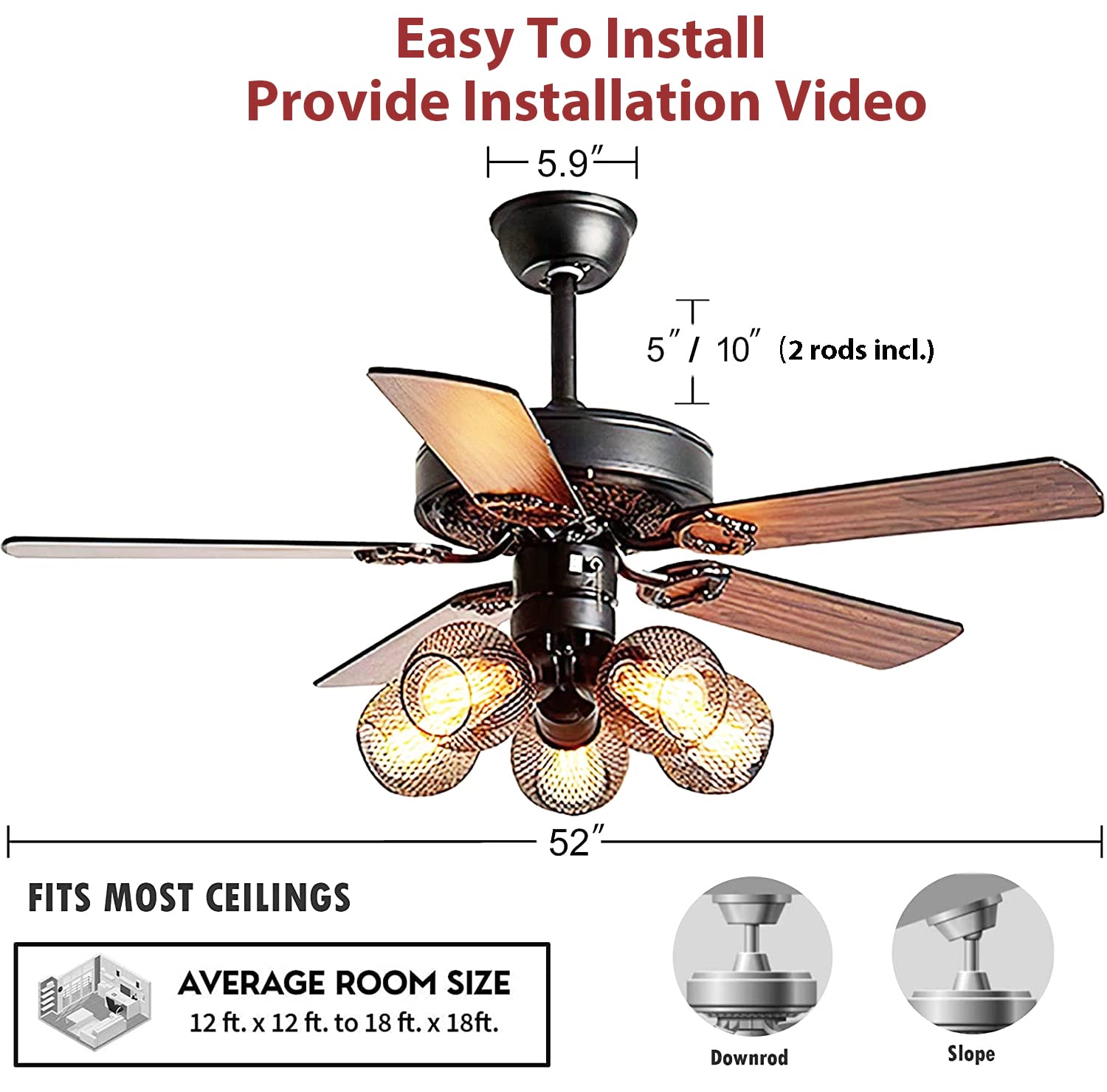 52" Farmhouse Ceiling Fan with Light Rustic Ceiling Fan with Light Ceiling Fan with Lights Remote Control Industrial Ceiling Fan with Light Vintage Ceiling Fan with Light for Bedroom Living Room