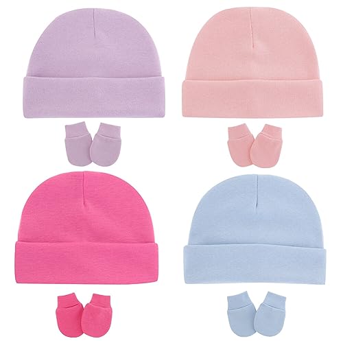 4 Sets Newborn Baby Caps Mittens Sleeping Hat and Gloves Beanie Infant Hats with Bow Baby Scratch Mitten Gloves for Boys Girls, Type 4