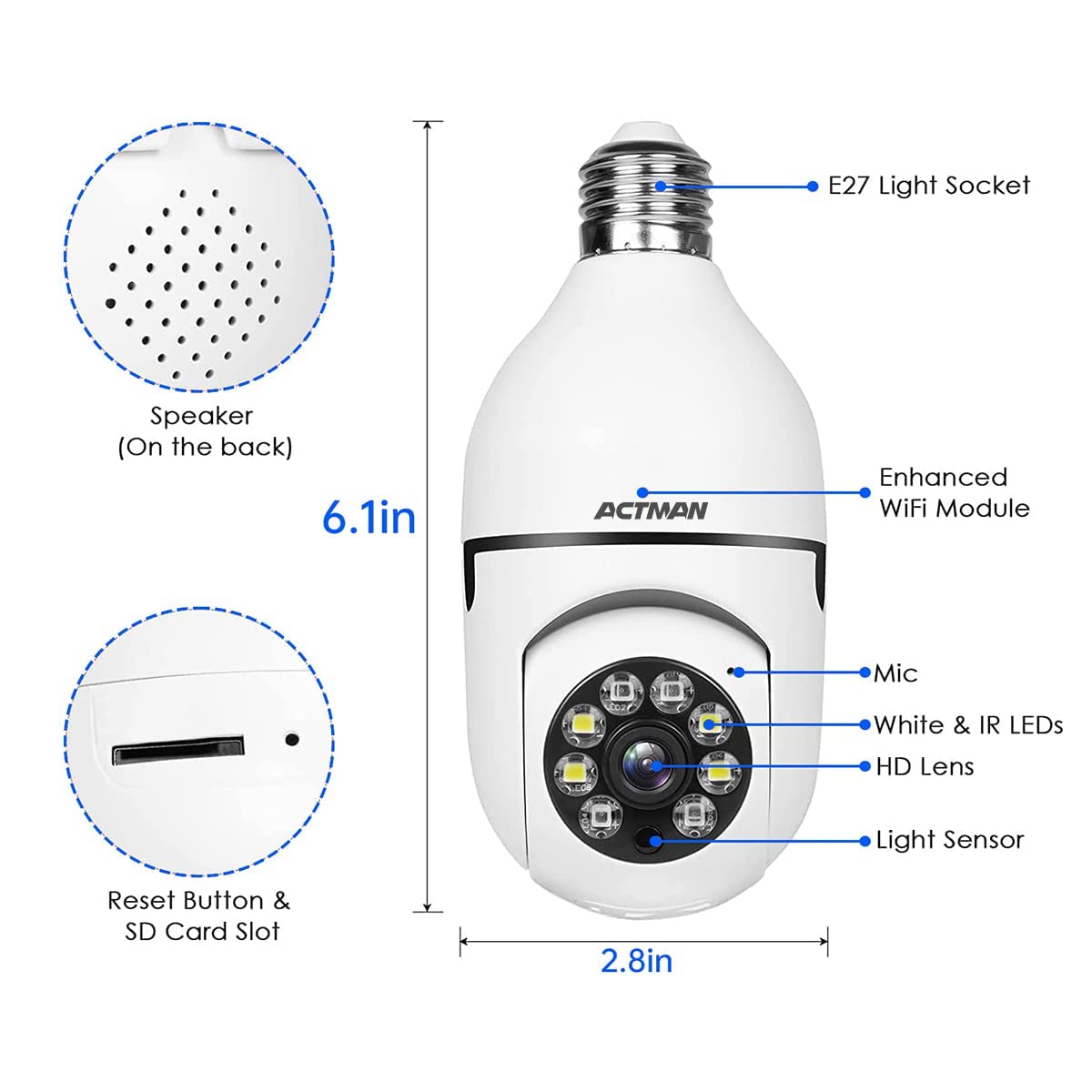 ACTMAN 2PCS 1080p Light Socket Security Camera Outdoor,2.4G WiFi Light B ulb Security Camera,WiFi Camera Outdoor,360 Degree Panoramic Camera,Motion Tracking, Color Night Vision Two-Way Dialogue.