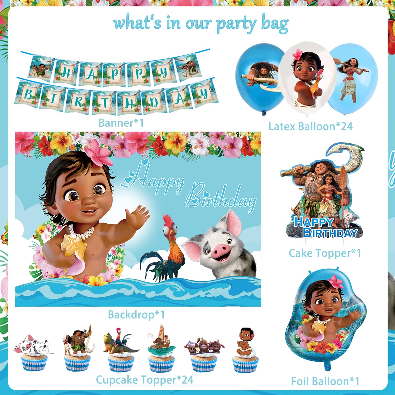 52PCS Moana Themed Party Supplies Include Moana Birthday Banner, Moana Balloons,Cake Toppers