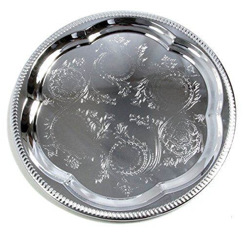 Maro Megastore (Pack of 4) 11.8-Inch Elegant Round Floral Pattern Engraved Catering Chrome Plated Serving Plate Mirror Tray Platter Tableware Decor Holiday Wedding Birthday Party (Small) T226s-4pk