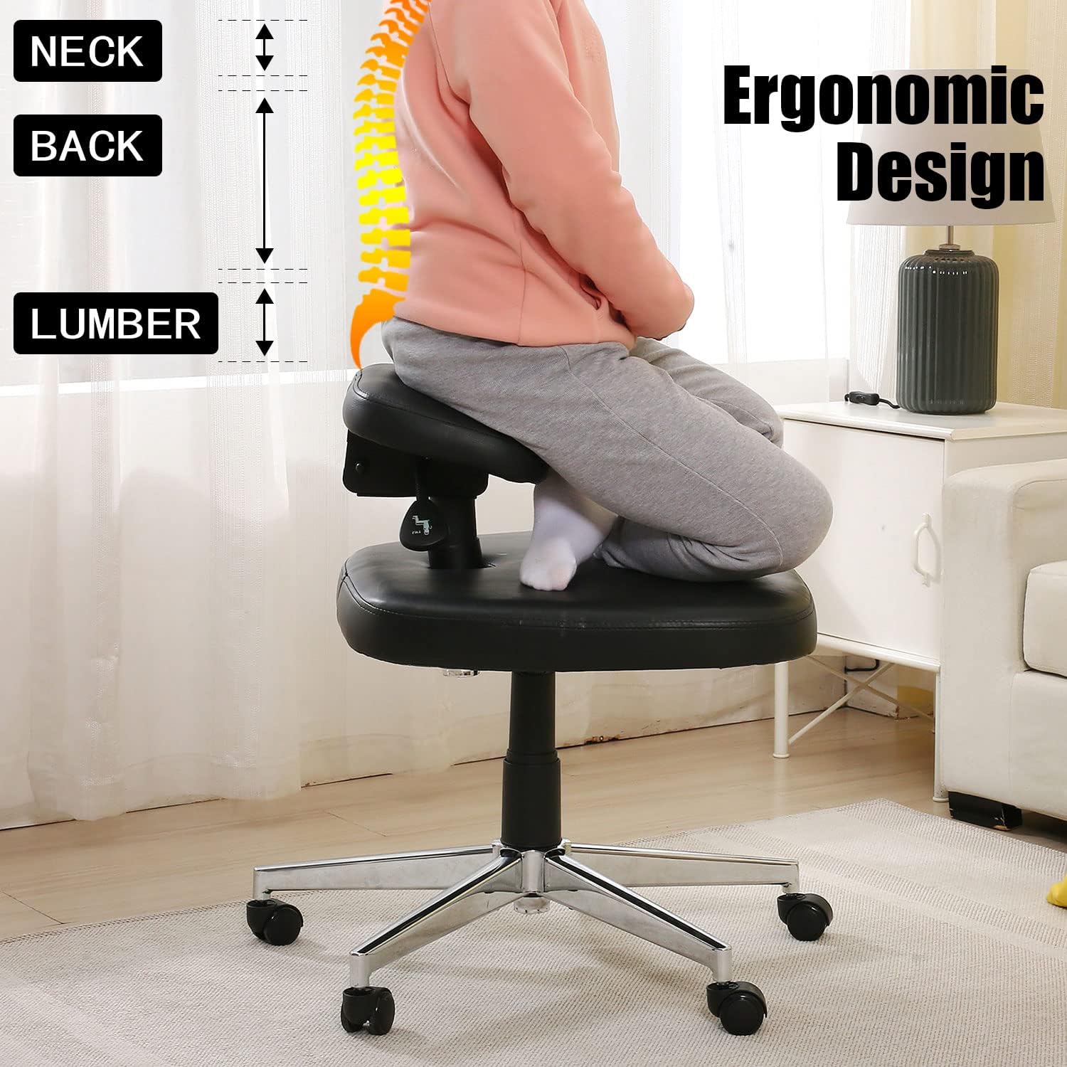 Meditation Chair for Adults Height Adjustable Tilt Angle, Ergonomic Kneeling Chair with Wheels, Criss Cross Legged Chair for Office and Home(Black)