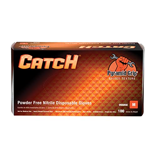 Adenna CAT455 Catch 9 mil Powder-Free Nitrile Gloves, Raised Grip, Orange, Medium, Box of 100