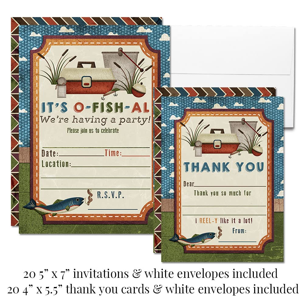 Amanda Creation Deluxe Gone Fishing REELY Fun Birthday Party Bundle Includes 20 Invitations & Thank You Cards with Envelopes + 3 Different Sizes of Stickers & Water Bottle Labels!