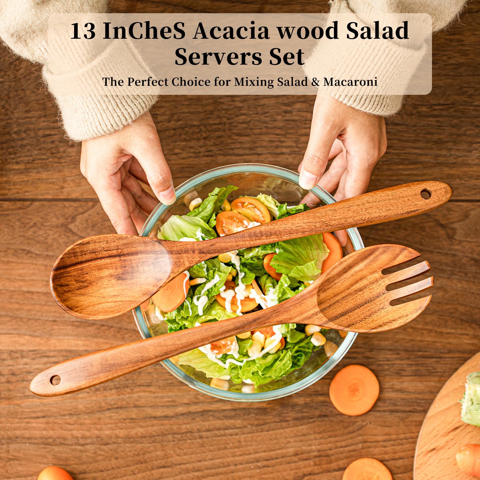 Gudamaye Acacia Wooden Salad Server Set,13 inch Salad Tongs for Serving including Salad Mixing Dinner Fork and Spoon,Long Handle Salad Server Set