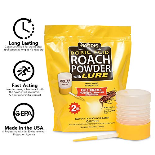 Harris Boric Acid Roach and Silverfish Killer Powder w/Lure, Powder Duster Included in The Bag (32oz)