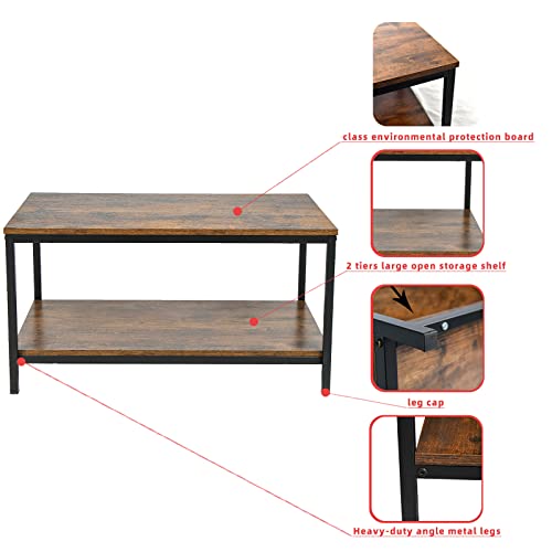 SENIG Coffee Table, Small Coffee Table for Living Room, Coffee Tables with Storage Shelf,Brown Coffee Tables for Small Spaces, Rectangle Wood Table Metal Side End Table, Center Table for Living Room