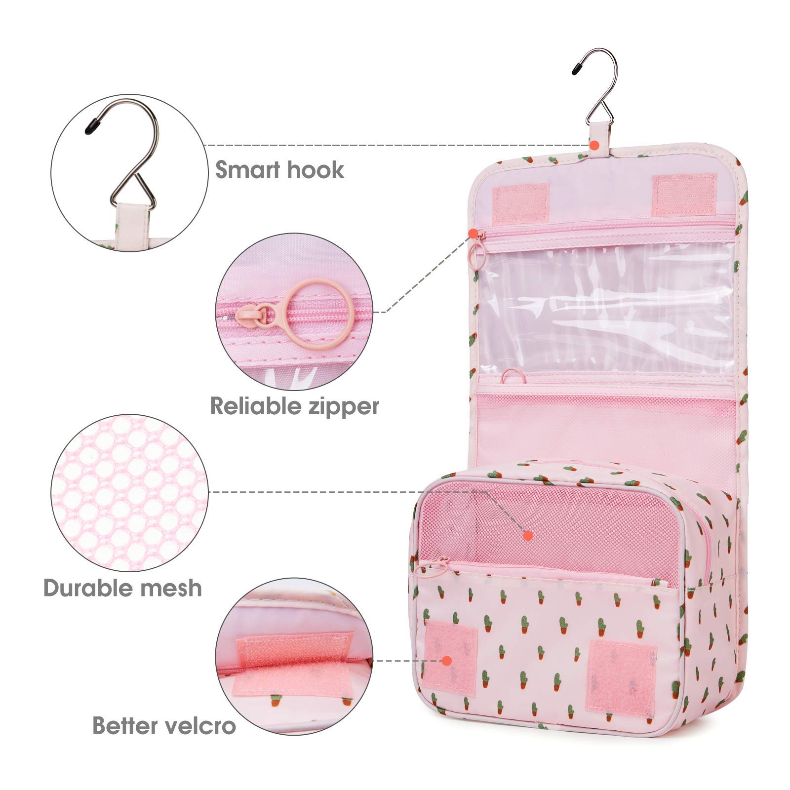 Narwey Hanging Toiletry Bag for Women Travel Makeup Bag Organizer Toiletries Bag for Travel Size Cosmetics Essentials Accessories (Cactus)
