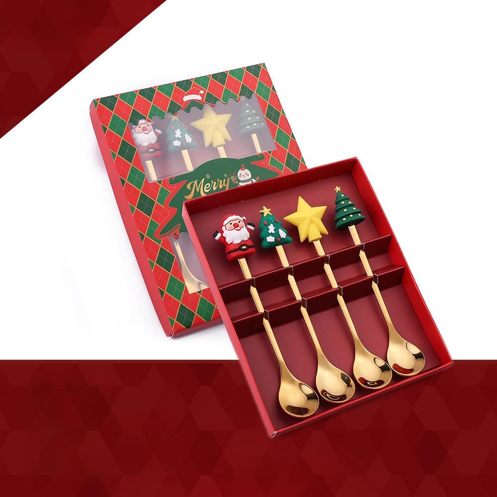 Christmas Coffee Spoons Coffee Stirrers Cake spoon Premium Stainless Steel Ice Tea Spoons, Ice Cream Spoon, Cocktail Stirring Spoons Set of 4(Gold Color)