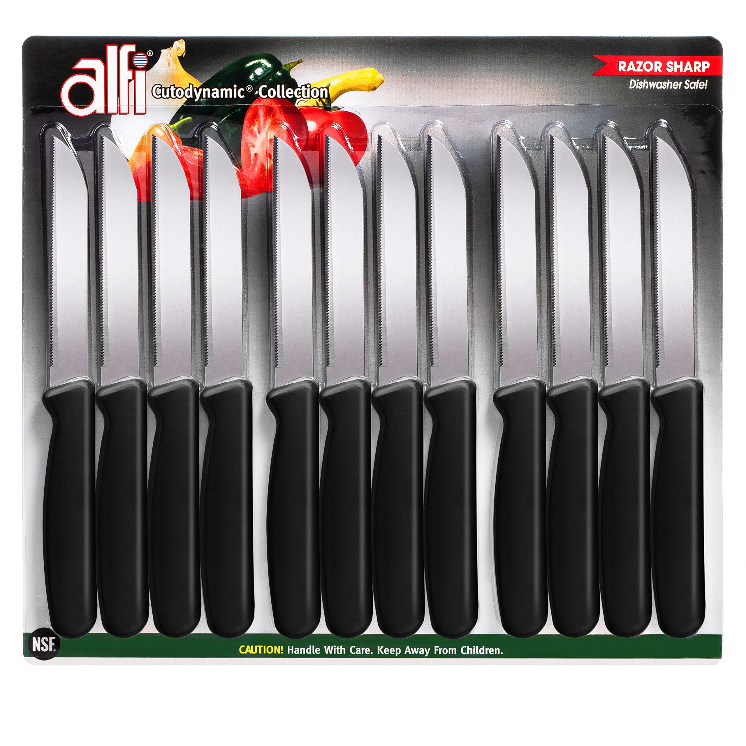 Alfi All-Purpose Knives Aerospace Precision Pointed Tip - Home And Kitchen Supplies - Serrated Steak Knives Set | Made in USA (Classic Black, 12 pack)