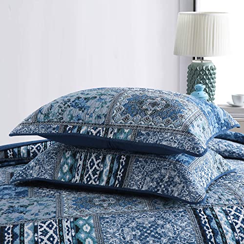 Blue Bohemain Bedspread King Quilt Set, 100% Cotton Coverlet King, Reversible Rustic Patchwork Printed Bedding Quilt Coverlet, 3 Pieces Boho Cotton Quilt Set for All Season King for Summer 94βx106ββ