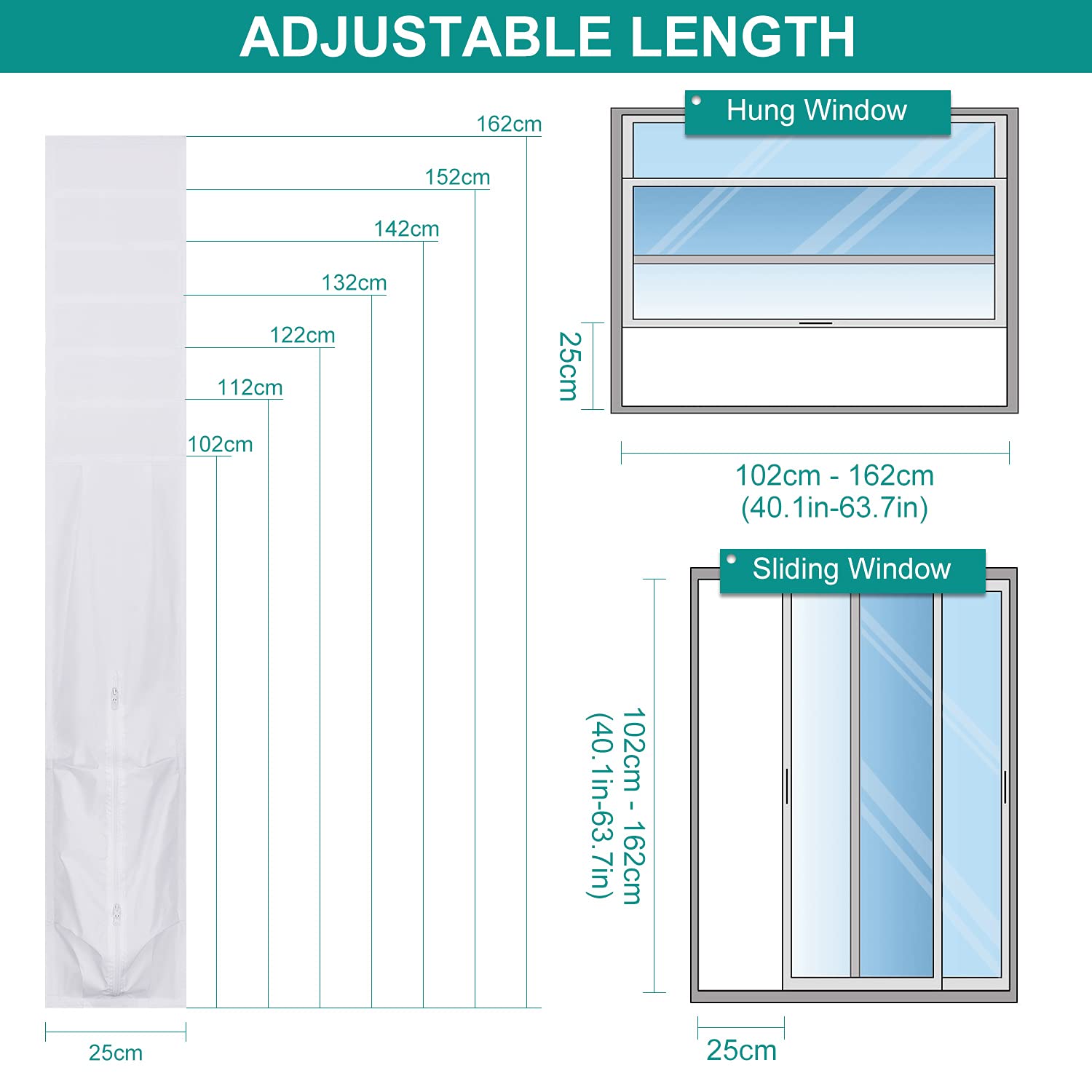 Brosyda Portable AC Window Kit, Air Conditioner Window Vent Kit, 9.8"(W) x 40"~63"(L) Adjustable,Waterproof No Drilling, Easy to Install Window Seal for Portable AC Unit