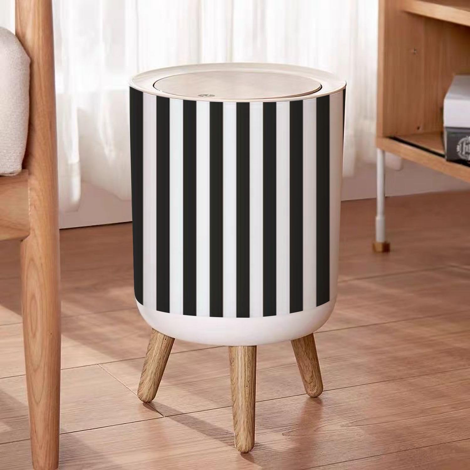 LGCZNWDFHTZ Small Trash Can with Lid for Bathroom Kitchen Office Diaper Black White Stripes Bedroom Garbage Trash Bin Dog Proof Waste Basket Cute Decorative