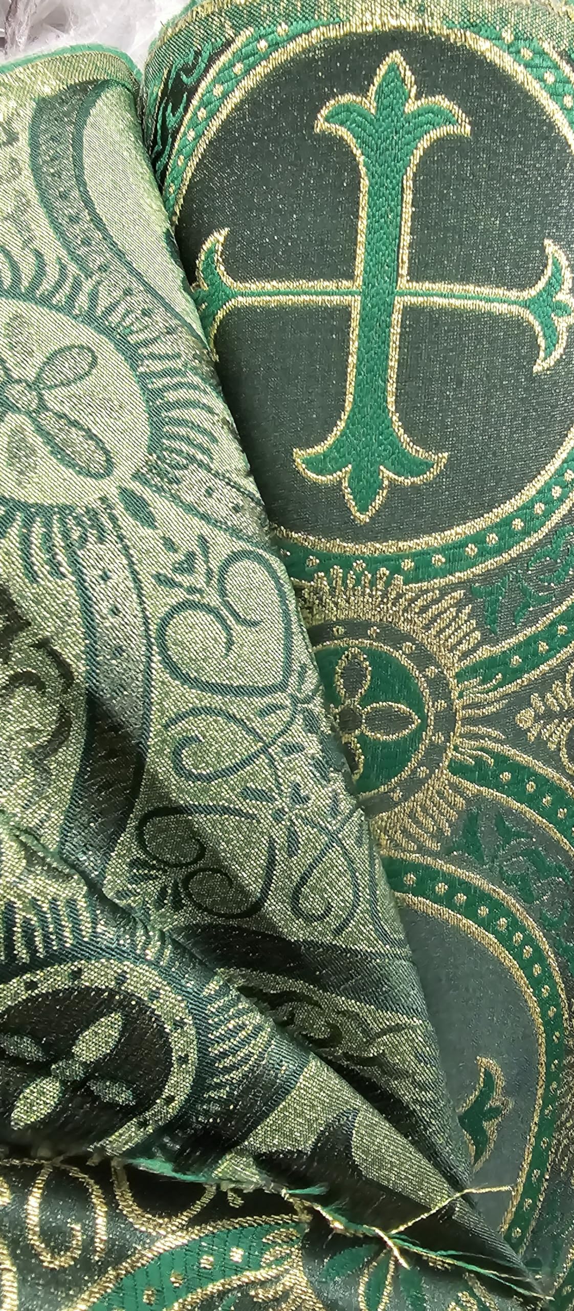Ad Fabric, Liturgical Brocade,Church Gorgeous Cross, Green/Gold, Liturgical Metallic Brocade Fabric, Non-Stretch, Sold by The Yard Color, 60" Wide