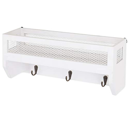 MyGift 16-inch Country Rustic White Wood & Metal Wall-Mounted Storage Wire Mesh Basket Rack w/Key Hooks