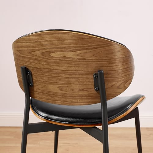 Art Leon Modern Faux Leather Dining Chairs, Mid Century Desk Chair No Wheels, Armless Accent Chair with Black Metal Legs, Set of 2, Black/Walnut