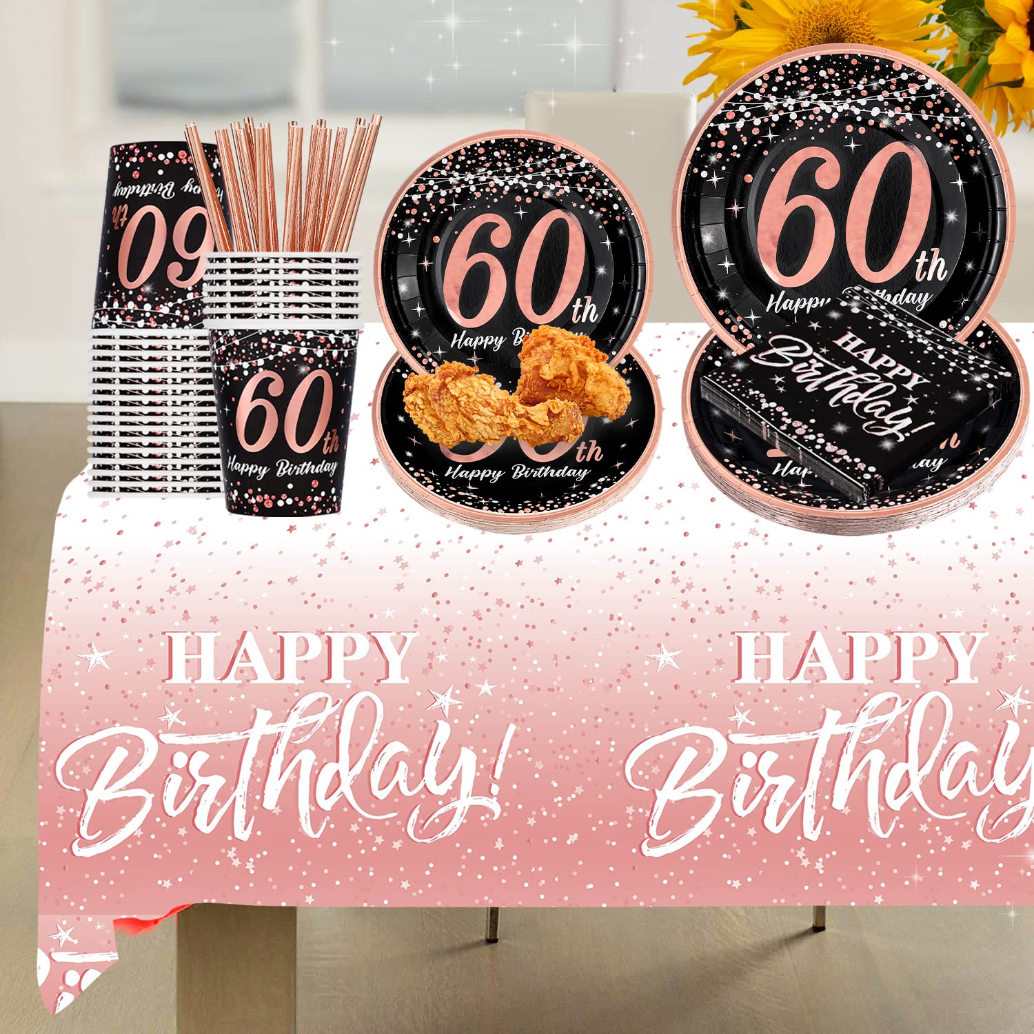 60th birthday decorations for women - (Total 121pcs) rose gold Birthday supplies Plates and Napkins, Cups, Straws, tablecloth, Disposable Tableware for 24 Guests