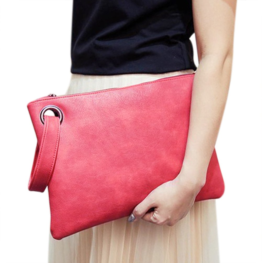 C.C-US Women Oversized Envelope Handbag Soft Leather Clutch Evening Bag Purse with Wrist Strap (Red)