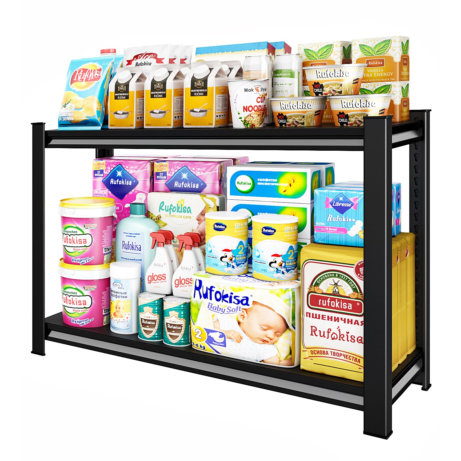 Rufokisa Garage Shelving Heavy Duty，Large Loads Adjustable Garage Storage Shelves, Metal Storage Racks and Shelving Units, Utility Rack Shelves,48”W x 18”D x 39”H,Black