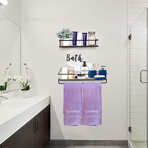 QEEIG Bathroom Shelves Over Toilet - Floating Wall Shelf with Towel Bar Farmhouse Set of 2, Rustic Brown (FS626)